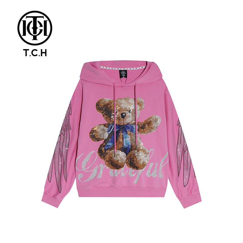 【直播间专享】TCH潮牌领结小熊烫钻粉色帽衫男女同款T21112C6008_虎窝淘