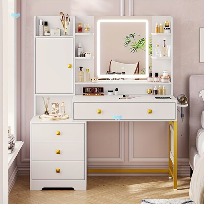 White Vanity Desk with Mirror and Lights and Charging化妆台