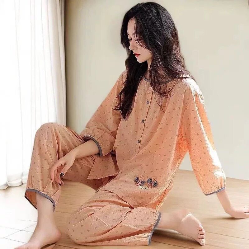 榕坤睡衣女士夏季开衫七分袖云梭织朵棉家居服套装薄款春夏睡衣a2