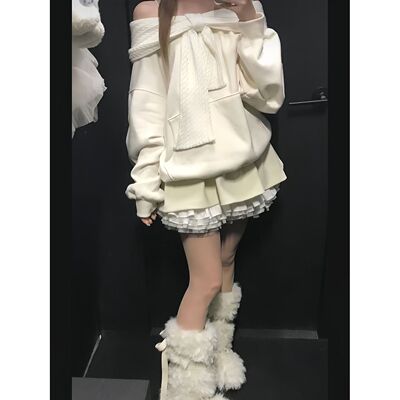 迟伞伞26/ss 白巧情人 thetis蝴蝶结露肩卫衣蛋糕卫裙套装/两色