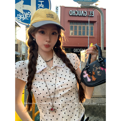 HuoHuo 波点雪莉 时髦捕手2026夏季新款女波点翻领泡泡袖花边衬衫