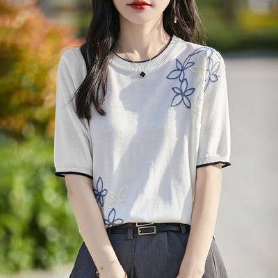 高级感国风刺绣提花天丝针织短袖T恤女洋气气质设计感小众上衣T恤