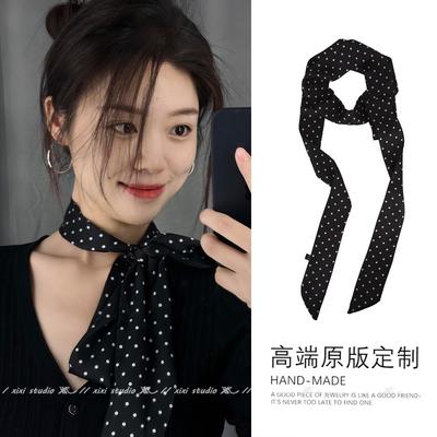 法式黑色波点长条系脖丝巾高级感