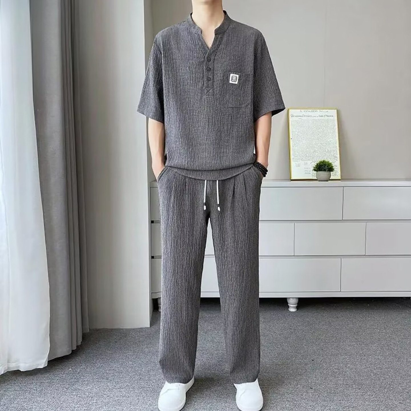 寒蓝月男装2026新款冰丝凉感时尚套装夏季男士薄款短袖长裤两件a4