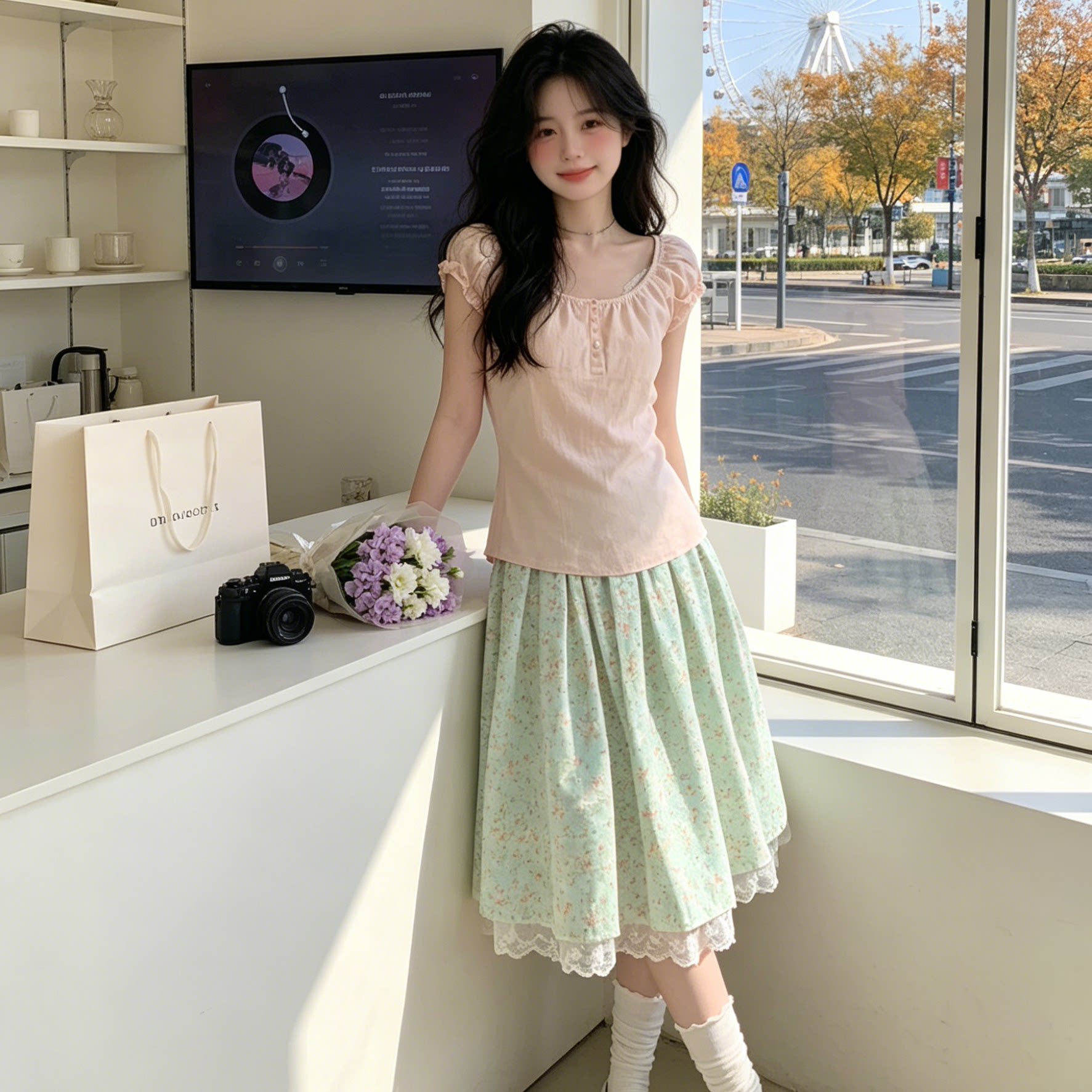 夏天绝美小套装女甜美少女方领泡泡袖T恤蕾丝碎花半身裙子两件套
