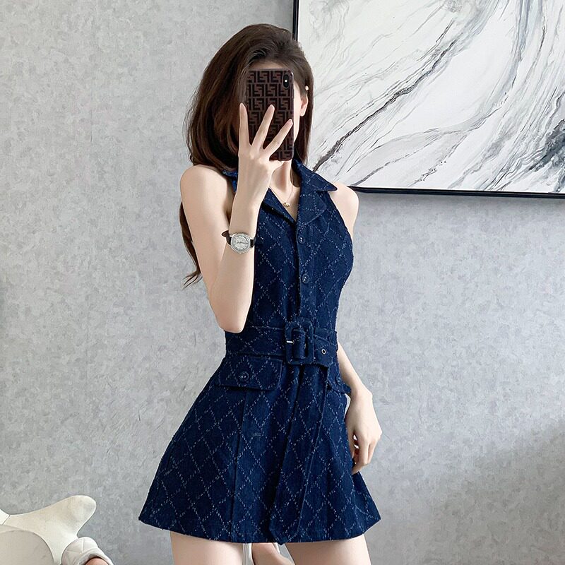 夏季辣妹无袖polo牛仔连衣裙复古深蓝收腰显瘦A字短款背心裙