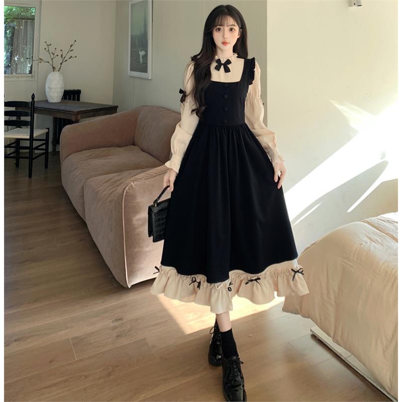 日系泡泡袖洛丽塔公主背带裙女秋冬大码胖mm显瘦可爱蝴蝶结连衣裙
