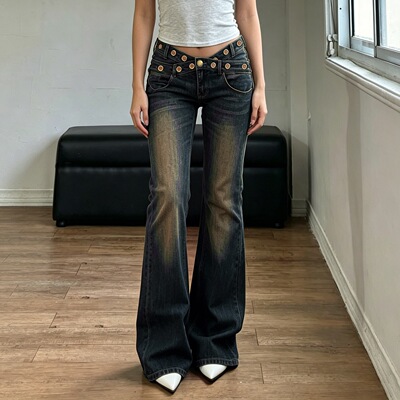 American V-shaped waist jeans美式鸡眼V字腰头洗水做旧牛仔裤女