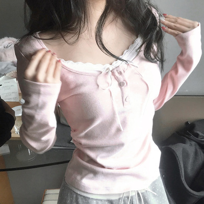 Girl style lace patchwork T-shirt甜美风蕾丝拼接假两件长袖T恤