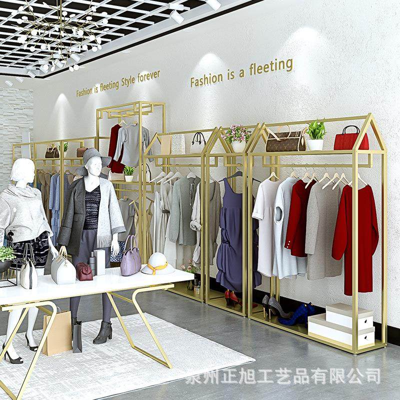 服装店展示架落地式金色双层挂衣服架子男女装店陈列高柜货架组合_虎窝淘