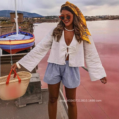 性感气质喇叭袖绑带上衣