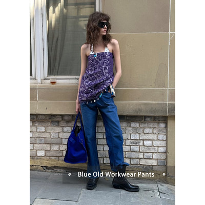 蓝色丝带复古做旧水洗破坏工装裤