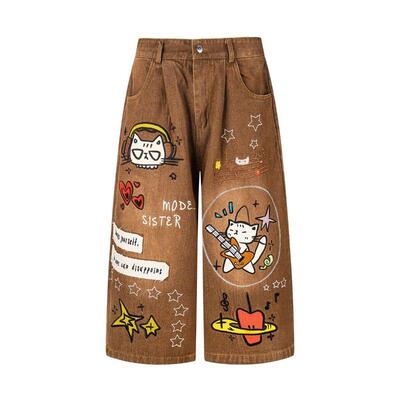 美式卡通猫咪刺绣牛仔七分裤男情侣宽松阔腿裤趣味休闲裤
