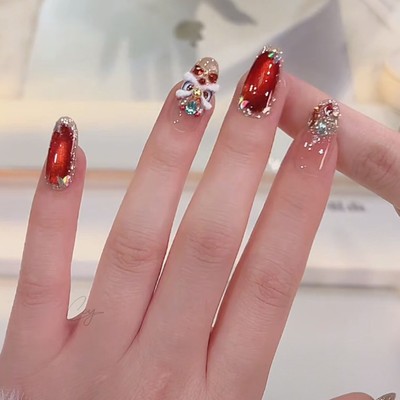 万事大吉  纯手工穿戴酸奶白猫眼爆闪显嫩美甲贴片10片