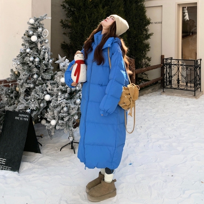 蓝色90白鸭绒加厚过膝女羽绒服