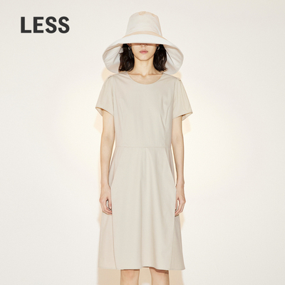 LESS夏季裙子女法式复古简约收腰圆领短袖连衣裙2N4G11730