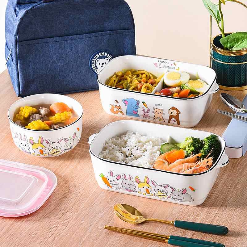微波炉加热日式卡通陶瓷分格饭盒长方三格密封带盖大容量保鲜盒