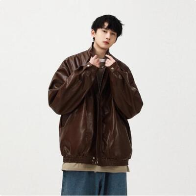 Tim Peake机车服男宽松工装PU皮衣外套高街休闲痞立领夹克JK8536