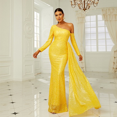 Sequin One Shoulder Maxi dress Wedding Party Long Sleeve