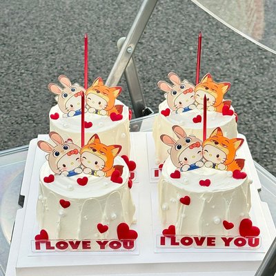 狐尼克朱迪情侣2.14情人节蛋糕装饰插牌ILOVEYOU字牌表白烘焙装扮