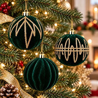 12 Pcs 6cm Emerald Velvet 4 Styles Gold Glitter Christmas Ba