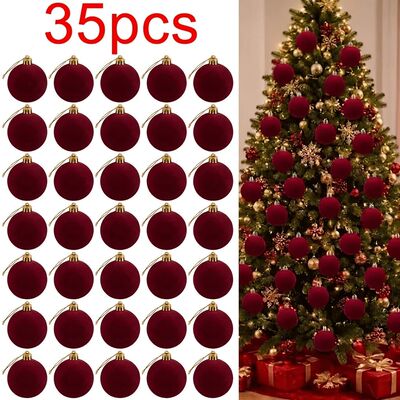 35Pcs Burgundy Suede Christmas Ball Ornaments 3cm Hanging Tr