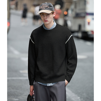 唐狮秋季毛衣男圆领套头黑色撞色