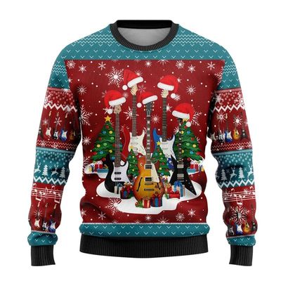 Guitar Christmas Sweaters For Men Clothes Music Cheer Graphi