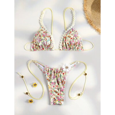 Floral Print Bordered Bikini Set Sexy Swimwear Women 2025 Bi