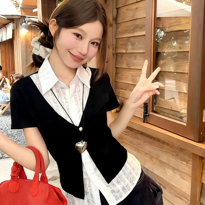 韩系假两件黑色POLO领短袖T恤ins