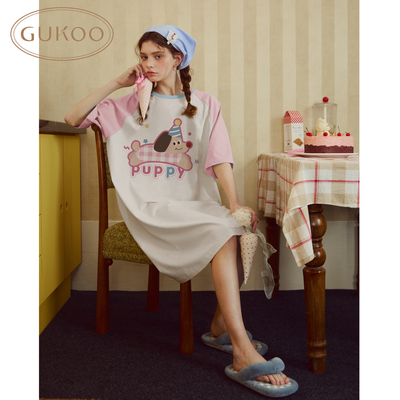 Gukoo/果壳睡衣女夏季薄款轰轰小狗系列舒适亲肤家居服睡裙可外穿