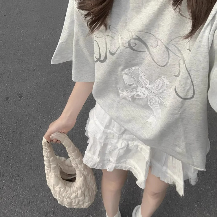灰色纯棉美式刺绣短袖T恤女夏季新款设计感ins国潮牌小众半袖上衣