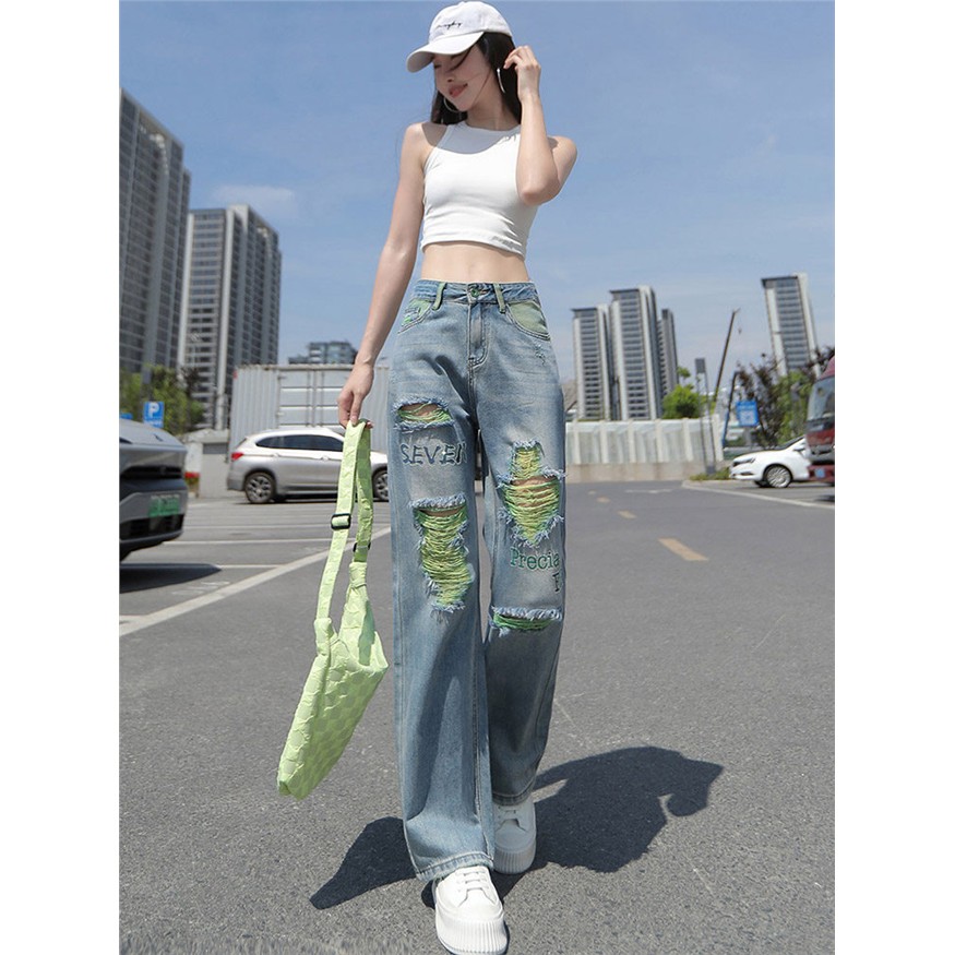 美式辣妹做旧牛仔裤女2026夏季新款高腰破洞小个子窄版直筒长裤子