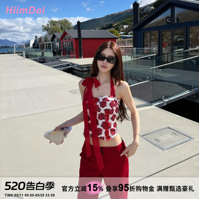 HiimDai辣妹复古红挂脖吊带背心
