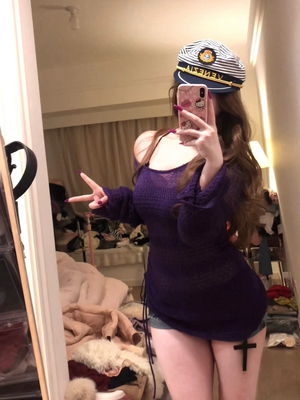 暗夜迷幻紫色！！性感超显白收腰针织衫上衣~小心机一套热辣套装