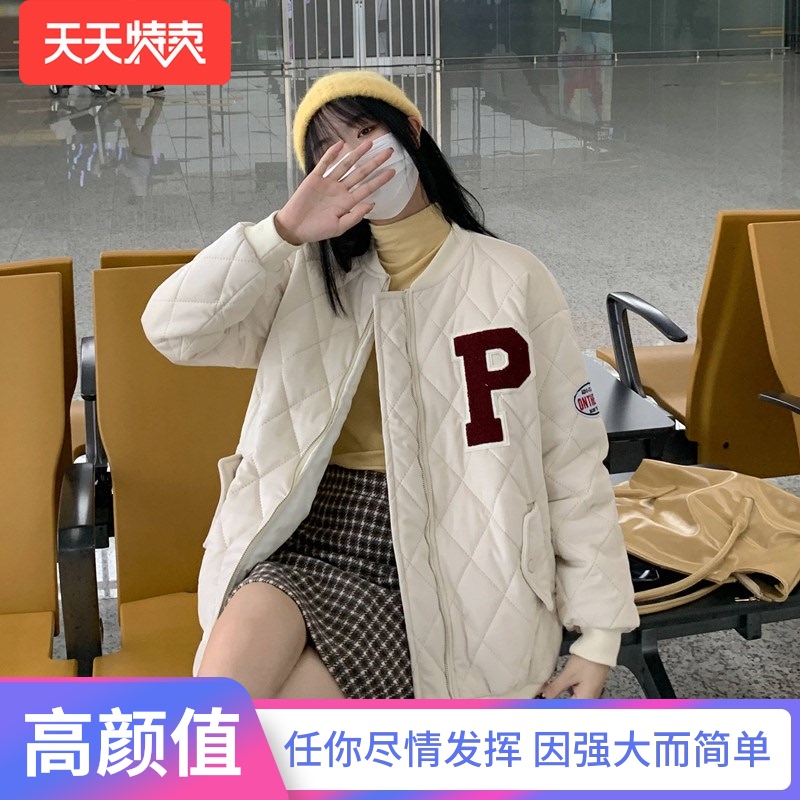 大码胖mm字母棉服女复古菱格秋冬棒球服宽松休闲百搭保暖棉衣外套