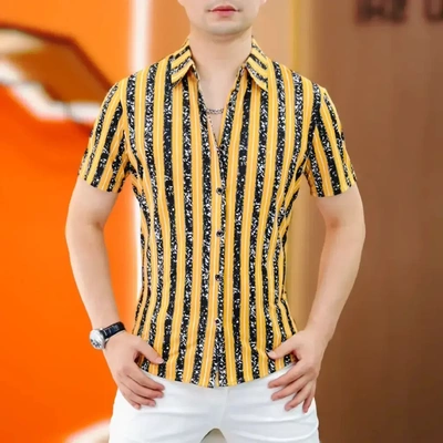 越巨服装店阿凯严选高品质夏季新款男士修身个性条纹轻奢短袖衬衫