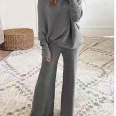 Women's sweater broadleg trouser suit 一字肩针织衫阔腿裤套装
