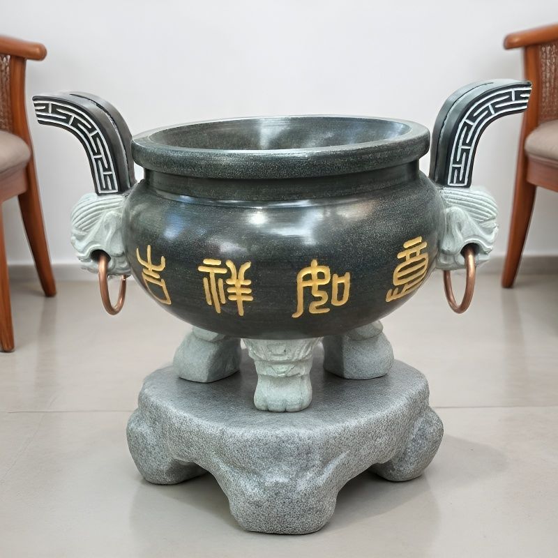包邮天然青石香炉石雕吉祥如意祠堂寺庙圆形香炉三脚户外摆件