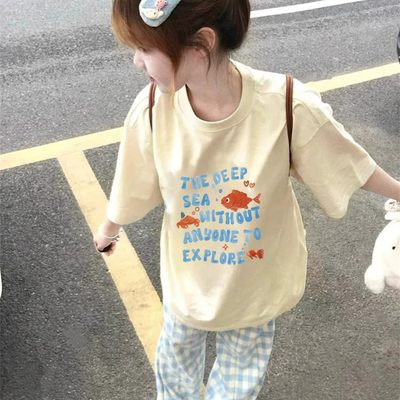 夏季新款宽松美式复古设计感印花纯棉短袖T恤女百搭韩版小众ins风