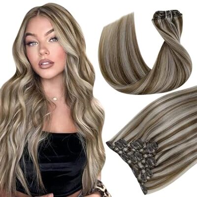 Hetto Hair Extensions Clip in Human Hair Golden Brown Hig