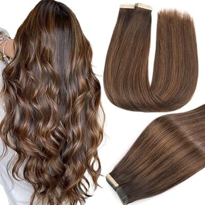 Tape in Hair Extensions Human Hair， Balayage Dark Brown t