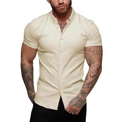 URRU Men's Muscle Dress Shirts Slim Fit Stretch Short Sle