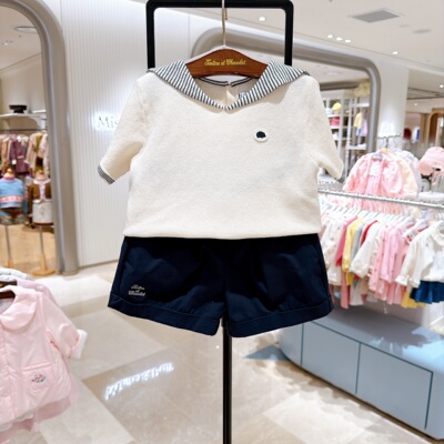 chocolat巧克力韩国童装代购26夏季男童海军蓝针织短袖短裤套装