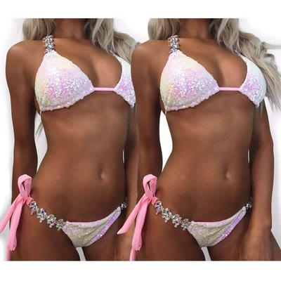 Gradient pink sequined rhinestone swimsuit suit womens