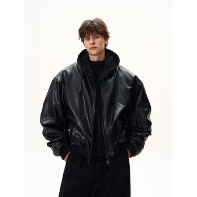 MaxDstr美式重磅bomber假两件拼接连帽加厚pu皮夹克外套男女春秋