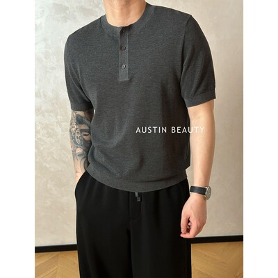 AUSTINBEAUTY【新品上新桑蚕丝棉混纺针织珠地肌理亨利领针织短袖