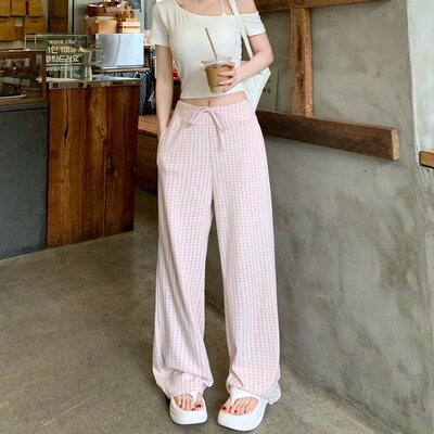 粉色格子纹阔腿裤子女春夏季2026新款高腰垂感宽松慵懒直筒休闲裤