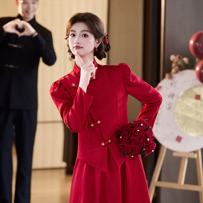 分体旗袍两件套红色复古订婚礼服