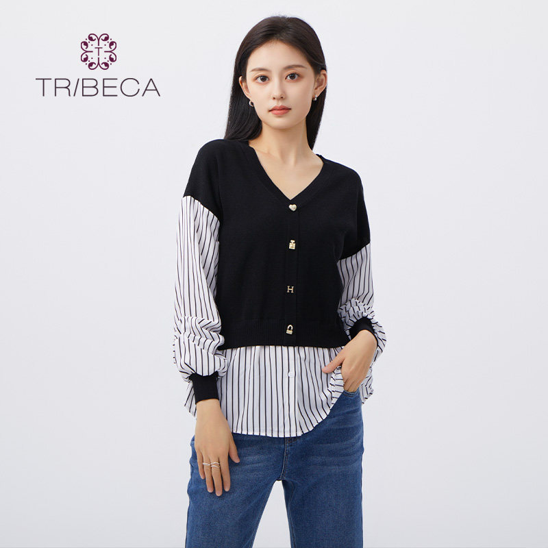 TRIBECA翠贝卡2023春季新款T3188S09S985拼接气质长袖假两件上衣_虎窝淘